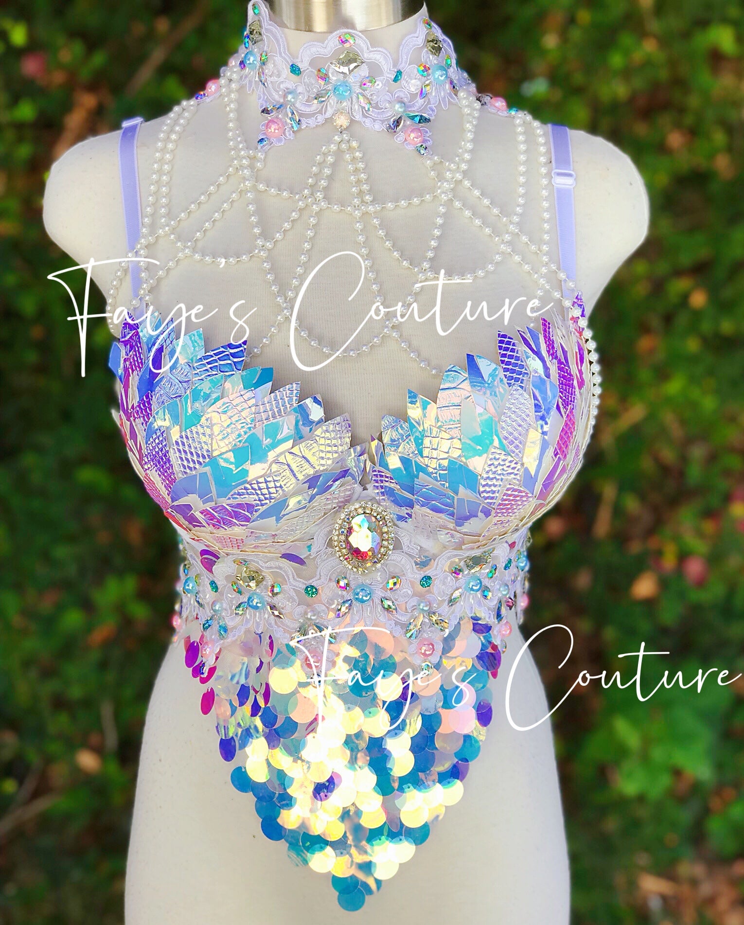 Iridescent White Unicorn Bra with Choker and Pearl Strings, Rave wear ...